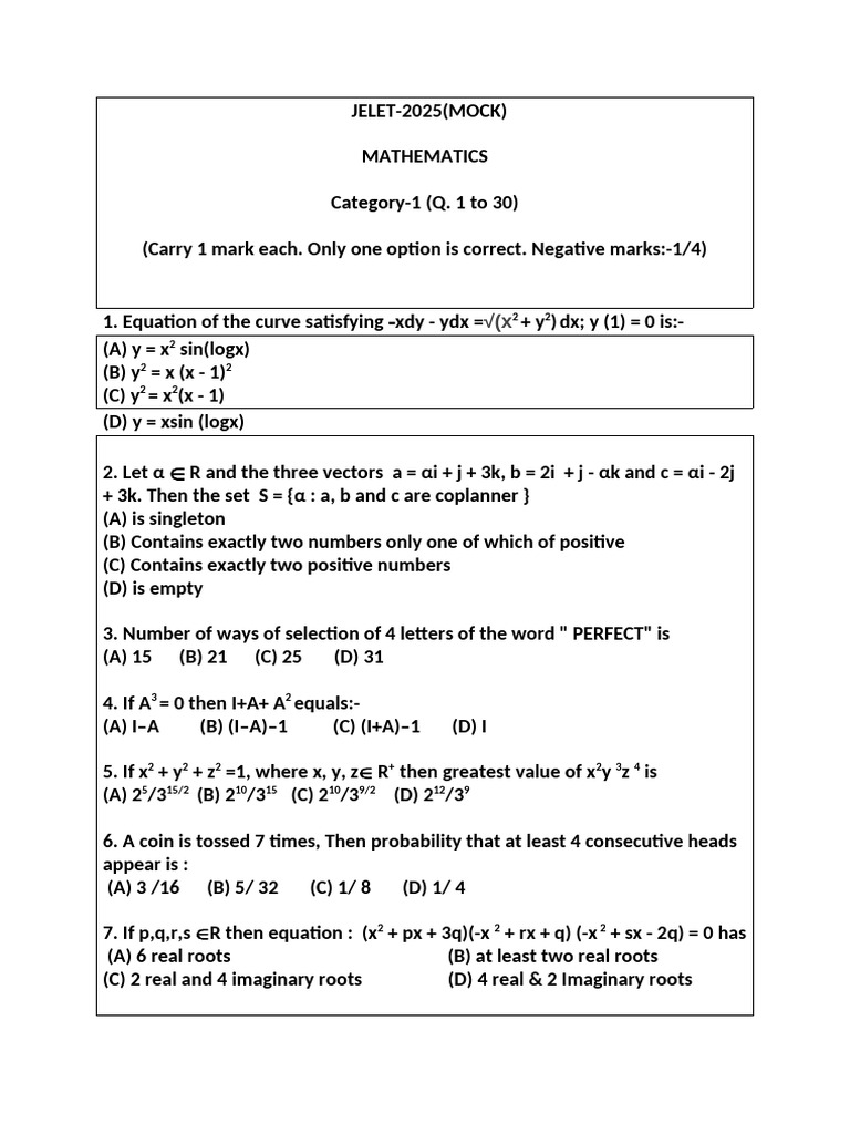 JELET 2025 Mock Mathematics Exam | PDF | Functions And Mappings ...