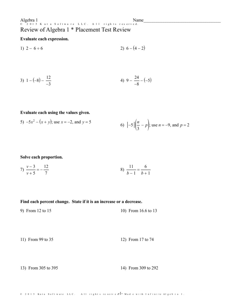 Algebra 1 Placement Test Review Worksheet | PDF | Elementary ...