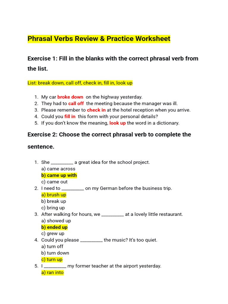 Phrasal Verbs Practice Worksheet | PDF
