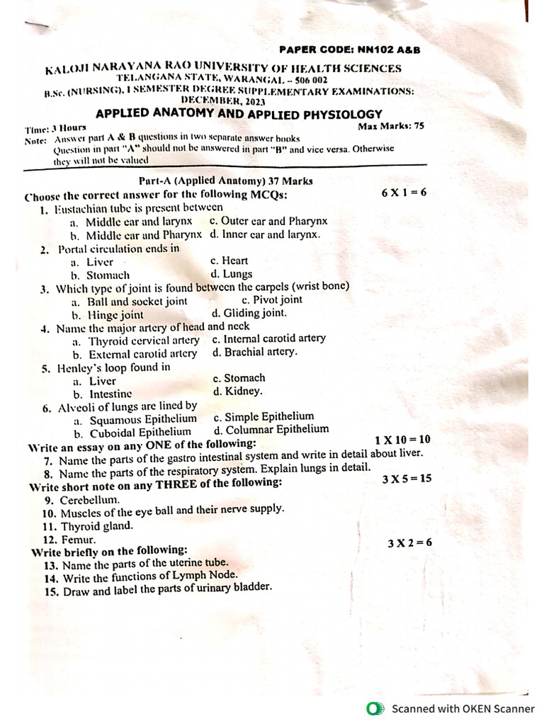 Anatomy and Physiology Question Papers | PDF