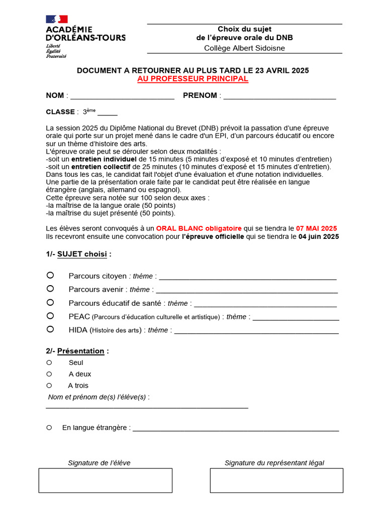 Choix de sujet pour l'oral du DNB 2025 | PDF