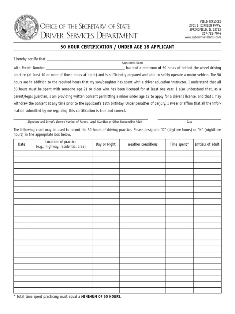50-Hour Driving Practice Certification | PDF | Driver's License ...