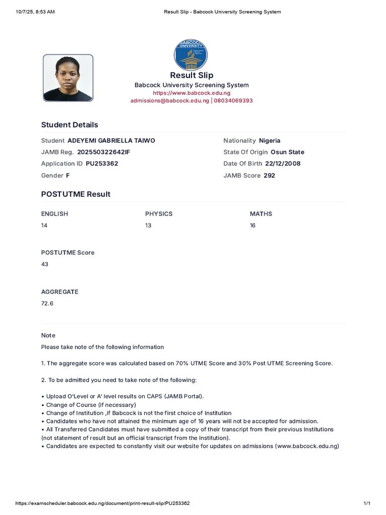 Babcock University Admission Result Slip | PDF