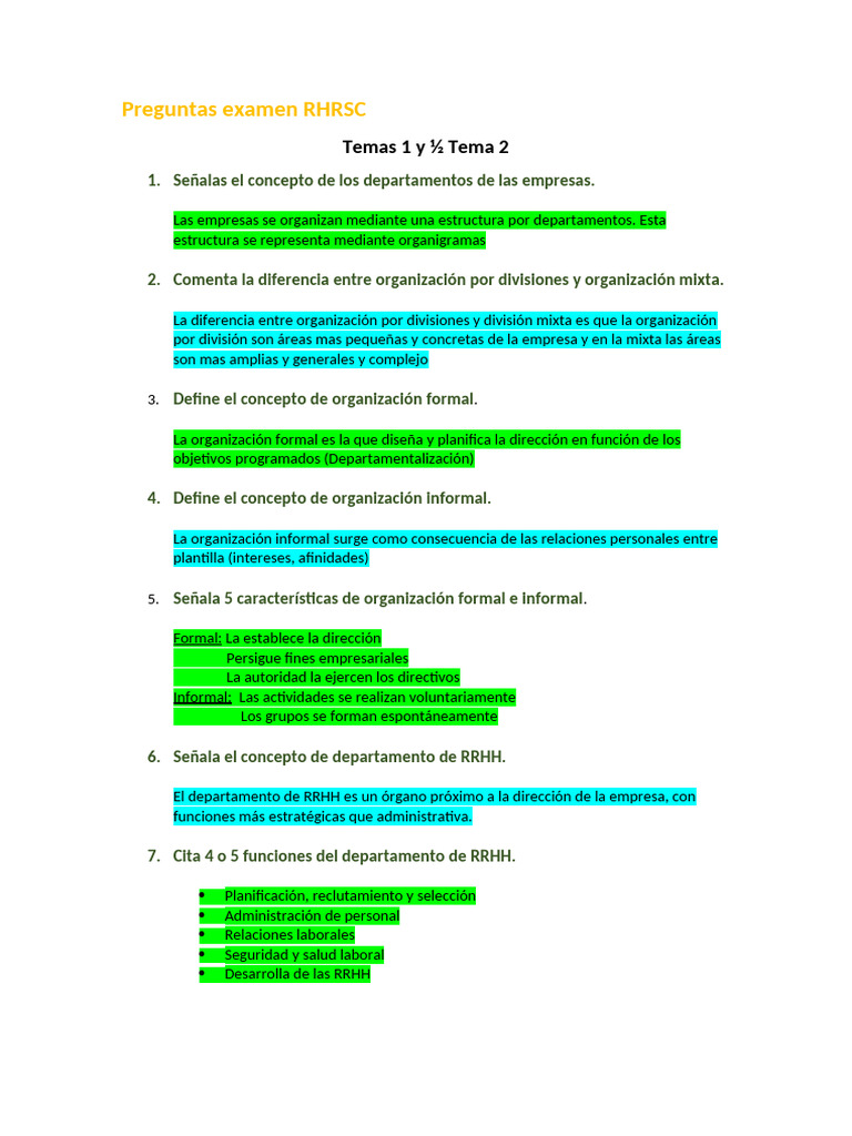 Preguntas Examen RHRSC Tema 1 y Mitad Tema 2 | PDF | Gestión de recursos humanos | Business