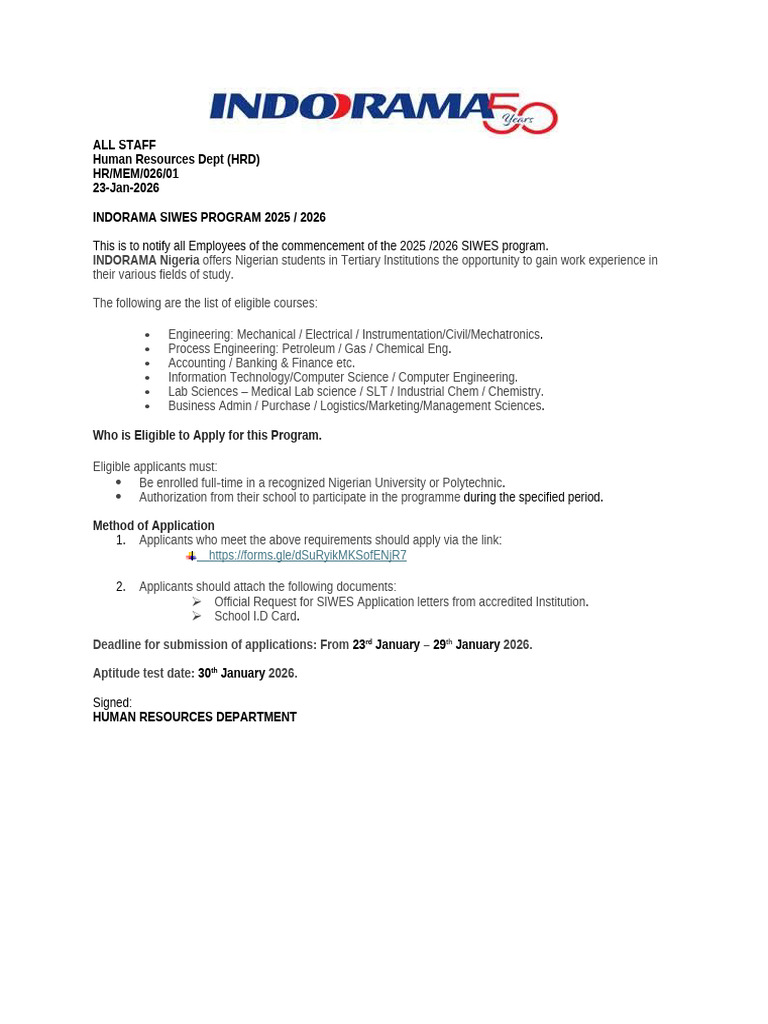 Indorama SIWES Program 2025/2026 Details | PDF