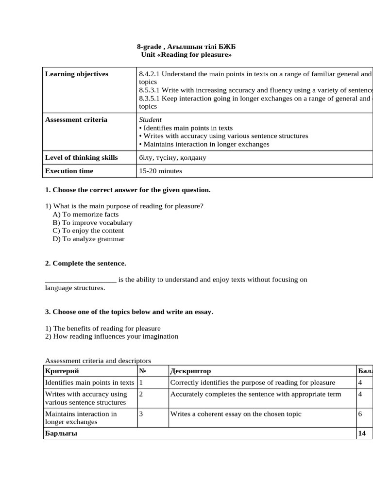 8th Grade English Reading Assessment | PDF
