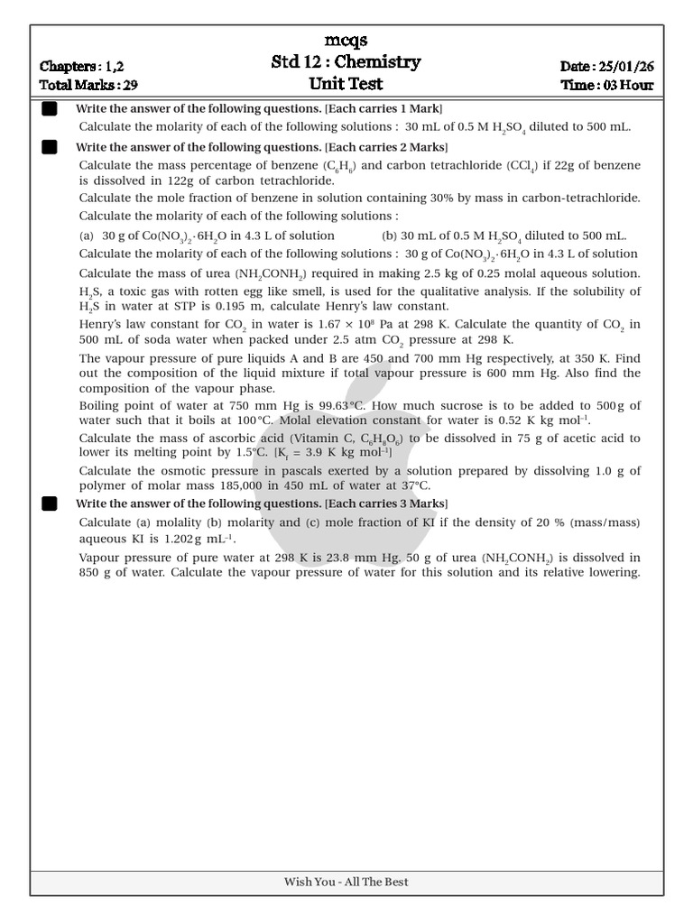 Std 12 Chemistry Unit Test MCQs | PDF | Applied And Interdisciplinary ...