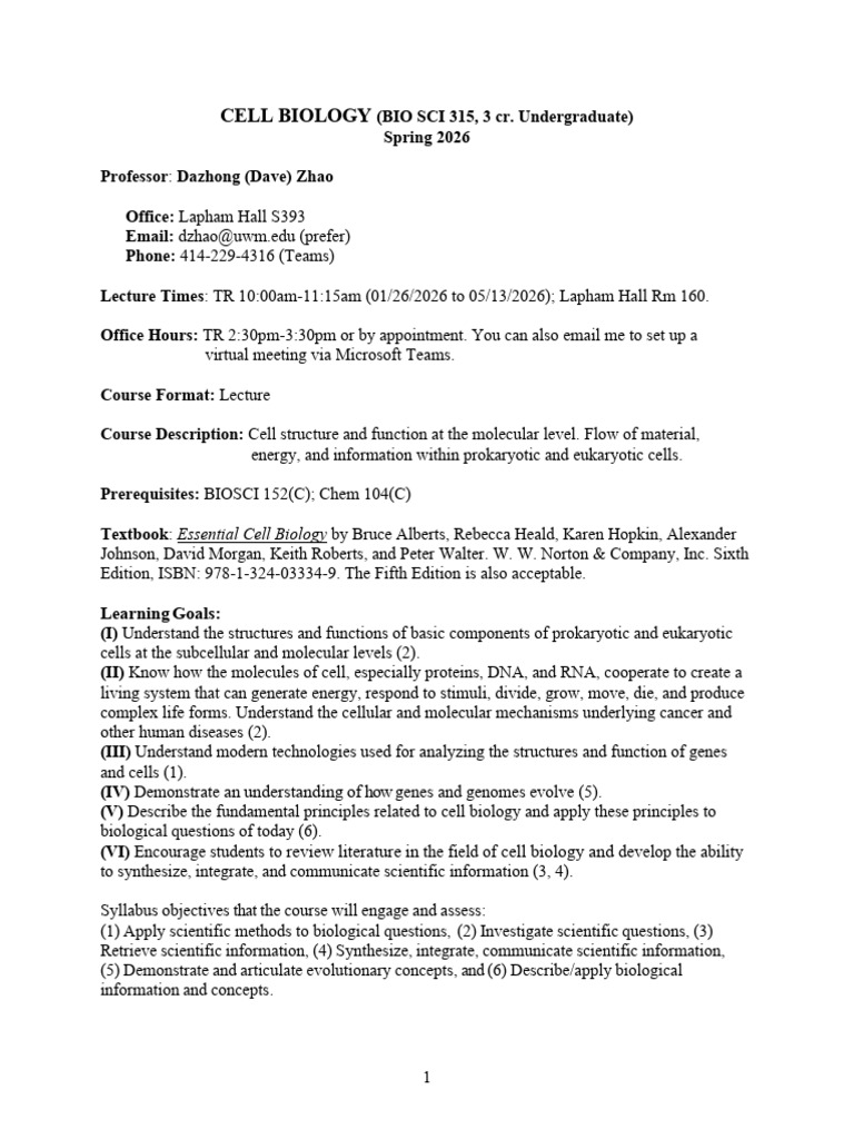 Cell Biology Course Syllabus Spring 2026 | PDF | Cell (Biology) | Gene