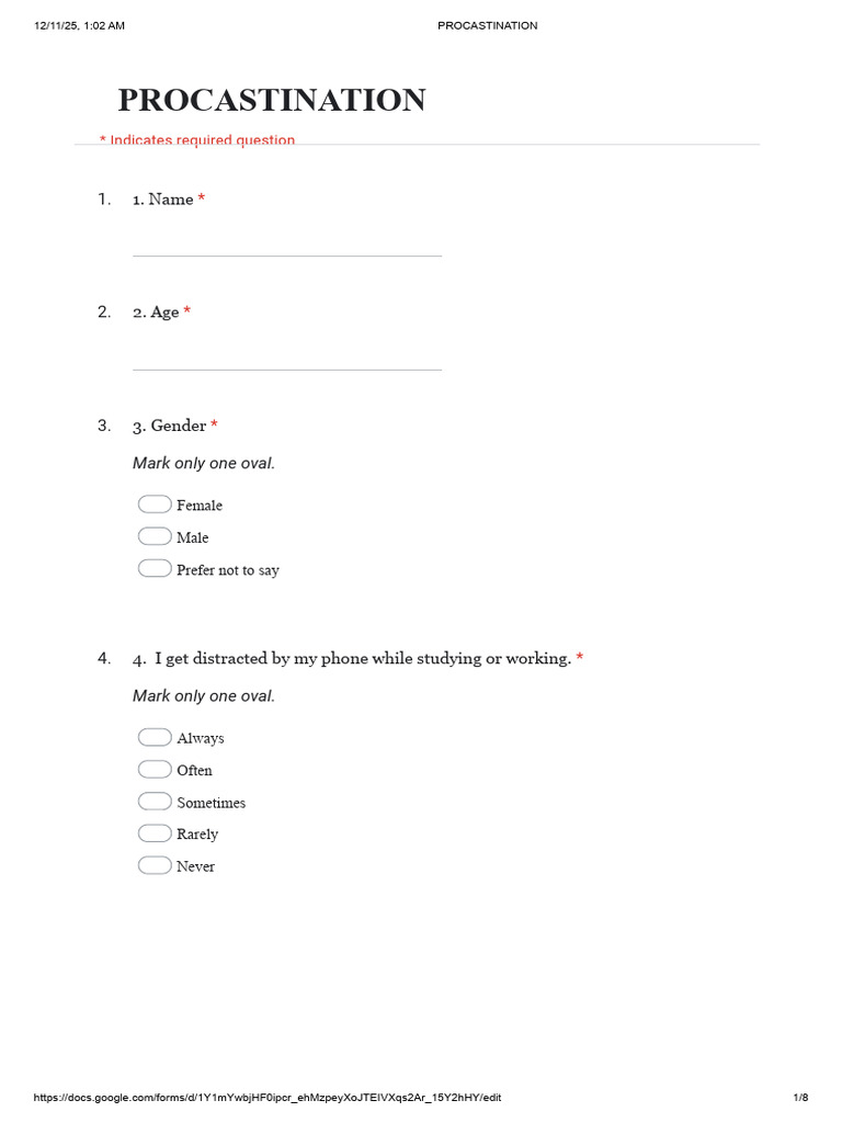 Procrastination Survey Questions | PDF | Procrastination | Professional ...
