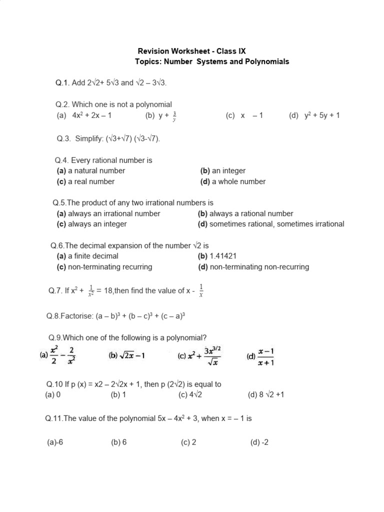 Class IX Revision: Number Systems & Polynomials | PDF | Numbers ...