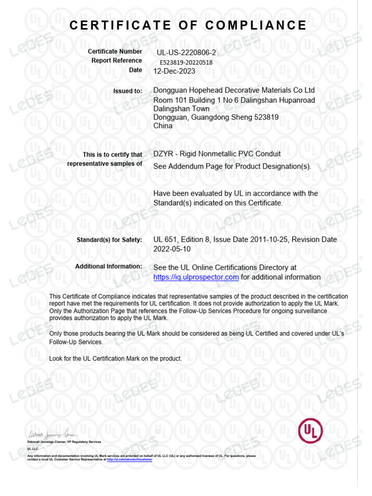 Rigid PVC Conduit Compliance Certificate | PDF