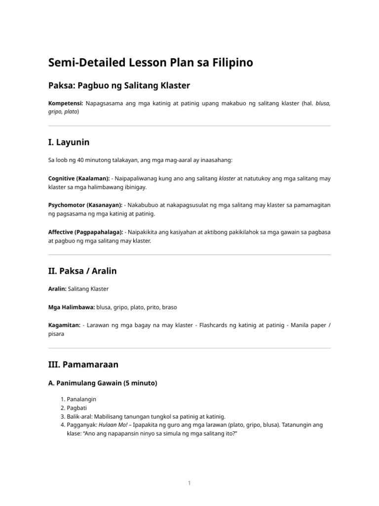 Semi-Detailed Lesson Plan Sa Filipino | PDF