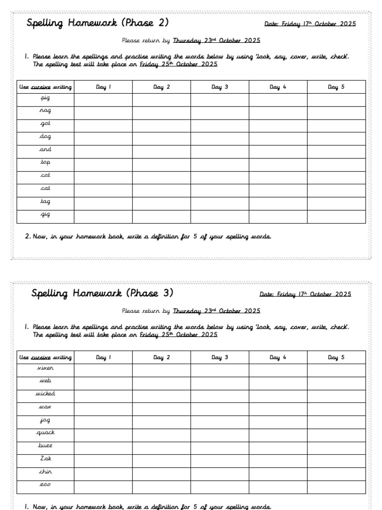 Spelling Homework Assignments 2025 | PDF