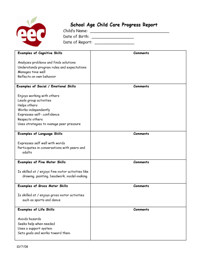 School Age Child Care Progress Report | PDF