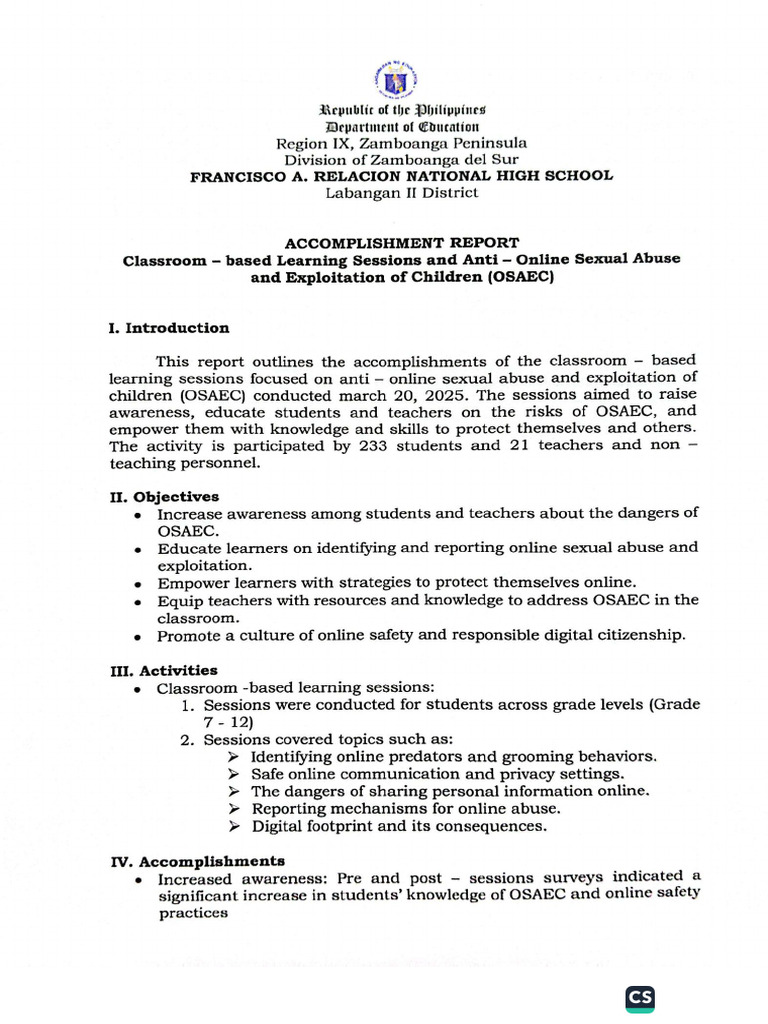 FARNHS OSAEC Accomplishment Report | PDF