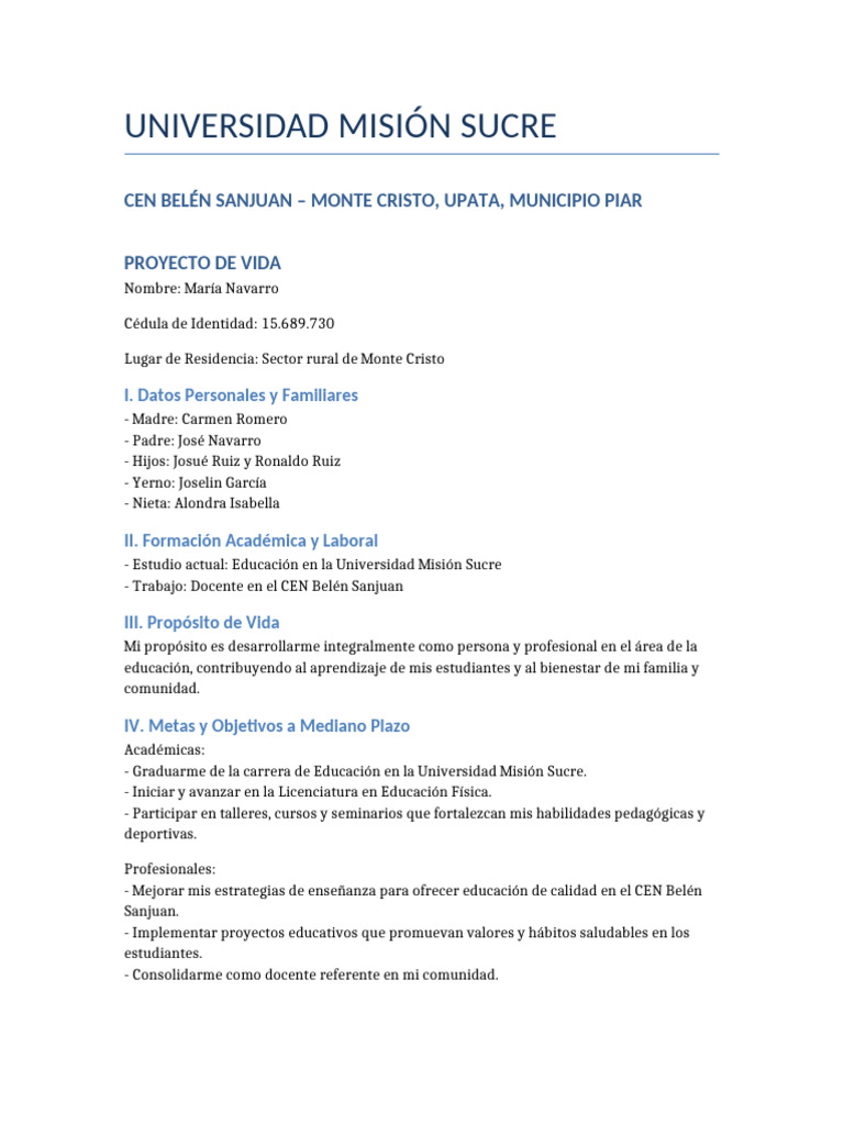 Proyecto de Vida de María Navarro | PDF