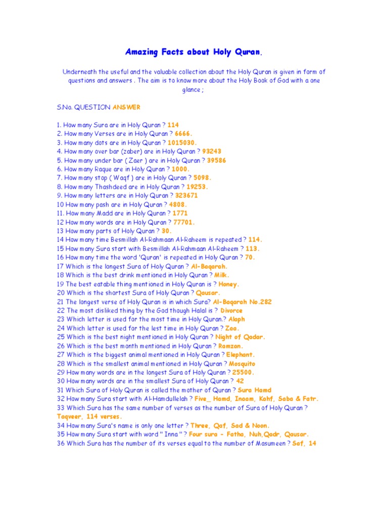 Amazing Facts About Holy Quran | PDF | Surah | Quran