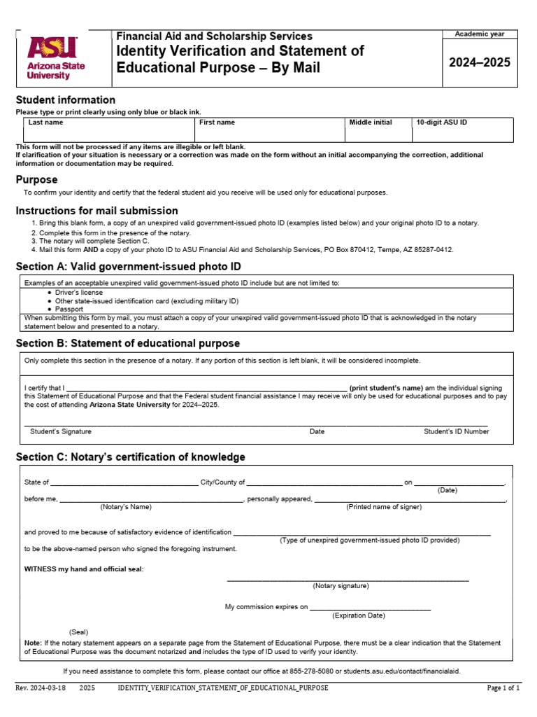ASU Identity Verification Form 2024-2025 | PDF | Identity Document ...