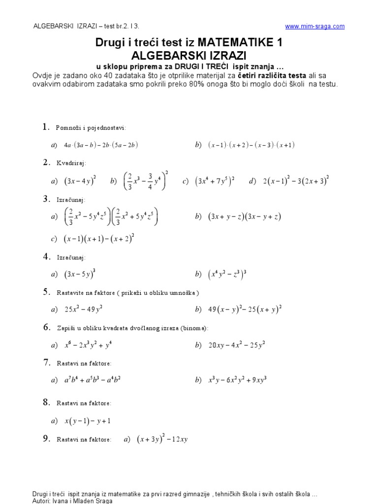 Algebarski Izrazi Test 2 i 3