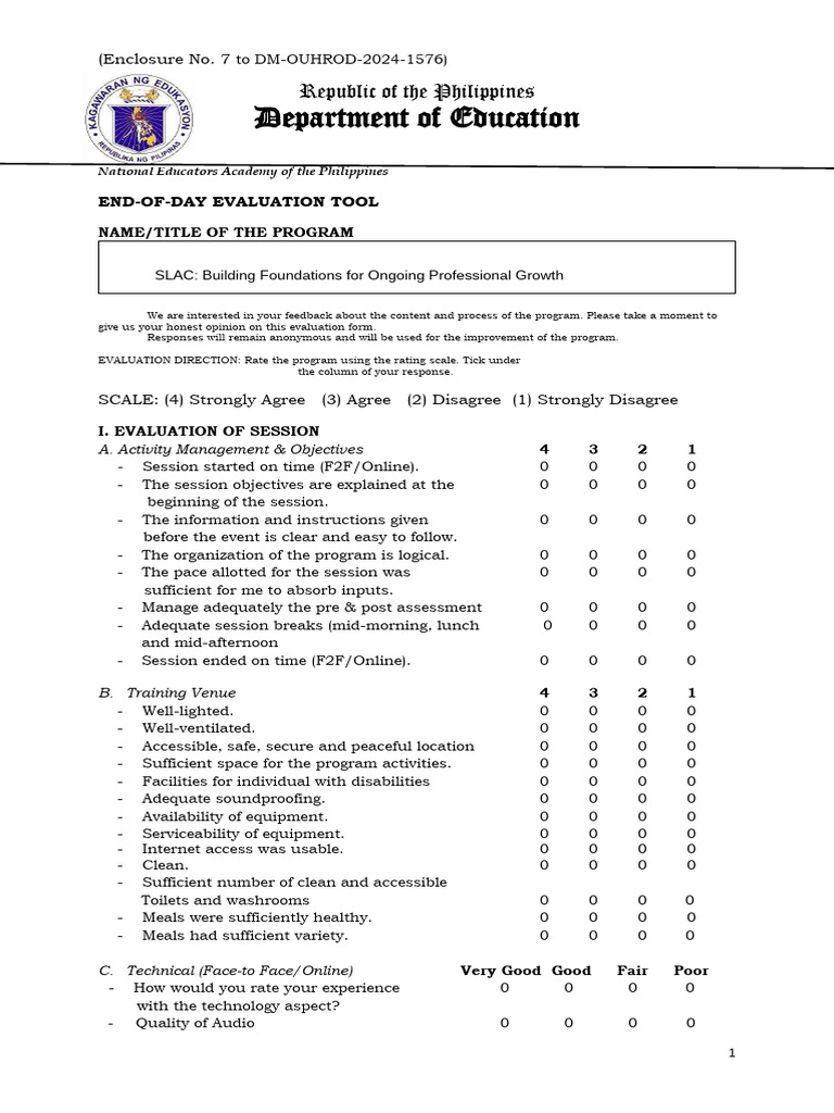 End-of-Day Evaluation Tool for SLAC Program | PDF | Communication ...