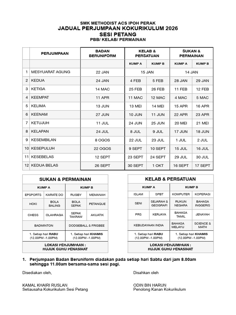 Jadual Perjumpaan Koko Petang 2026 | PDF