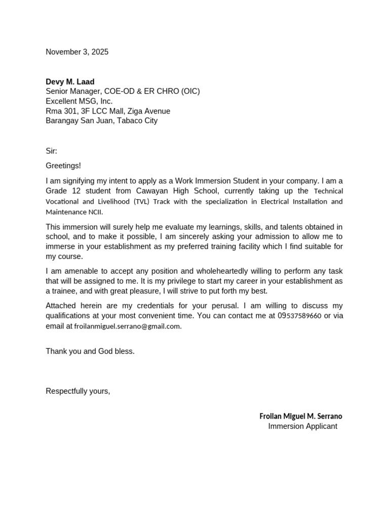 Work Immersion Application Letter | PDF