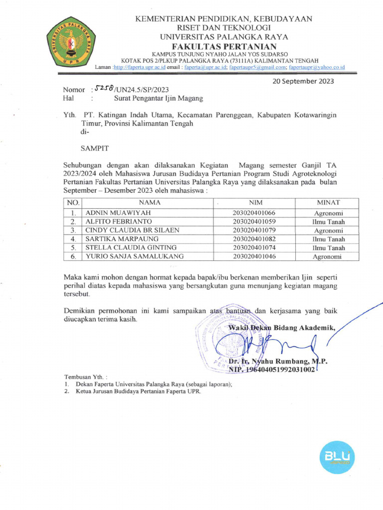 Pengantar Ijin Magang Pt. Katingan Indah Utama. | PDF