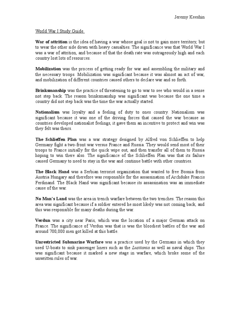 World War I Study Guide Overview | PDF | World War I | International ...
