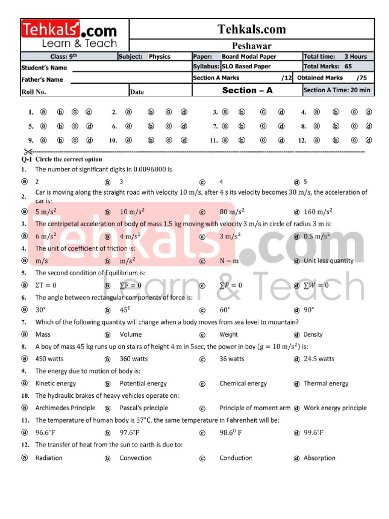 Class 9 Physics SLO Paper | PDF