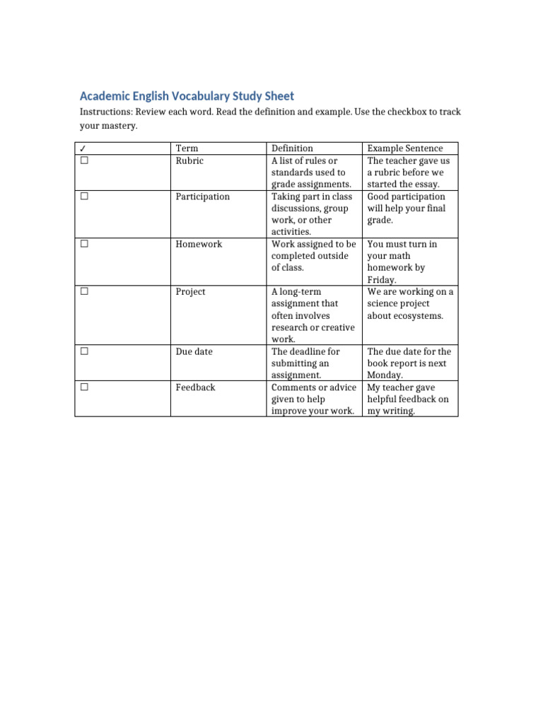 Academic Vocabulary Study Guide | PDF