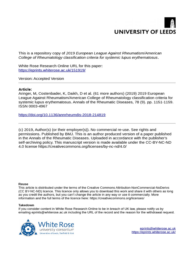2019 EULAR/ACR Lupus Classification Criteria | PDF | Medical ...
