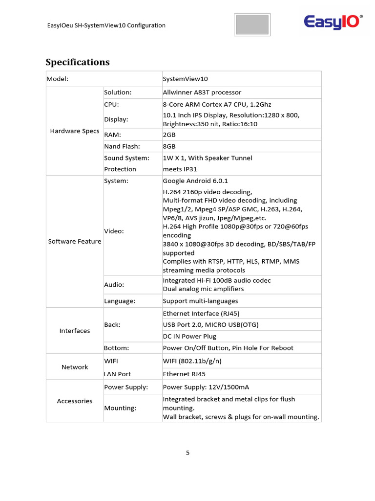 EasyIOeu SystemView10 Specs & Setup Guide | PDF | Codec | Usb