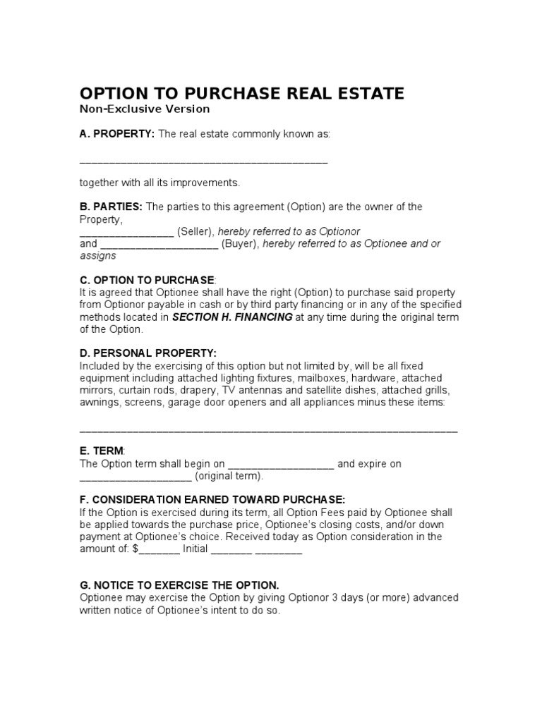 Option To Purchase Real Estate | Download Free PDF | Option (Finance ...