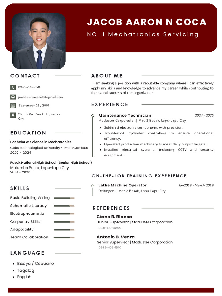 Jacob Aaron Coca: Mechatronics CV | PDF