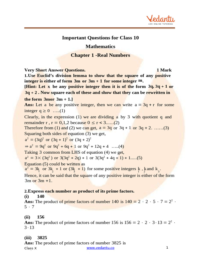 Real Numbers Important Questions For Class 10 Maths | PDF | Numbers ...