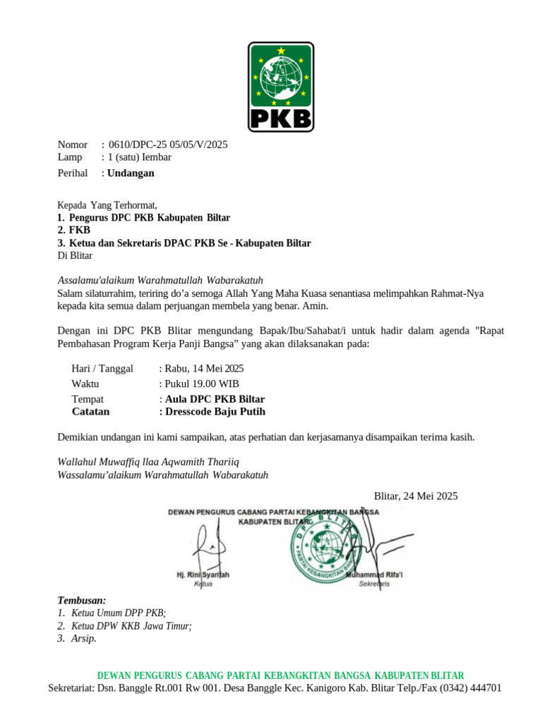 Undangan Rapat PKB Blitar 14 Mei 2025 | PDF