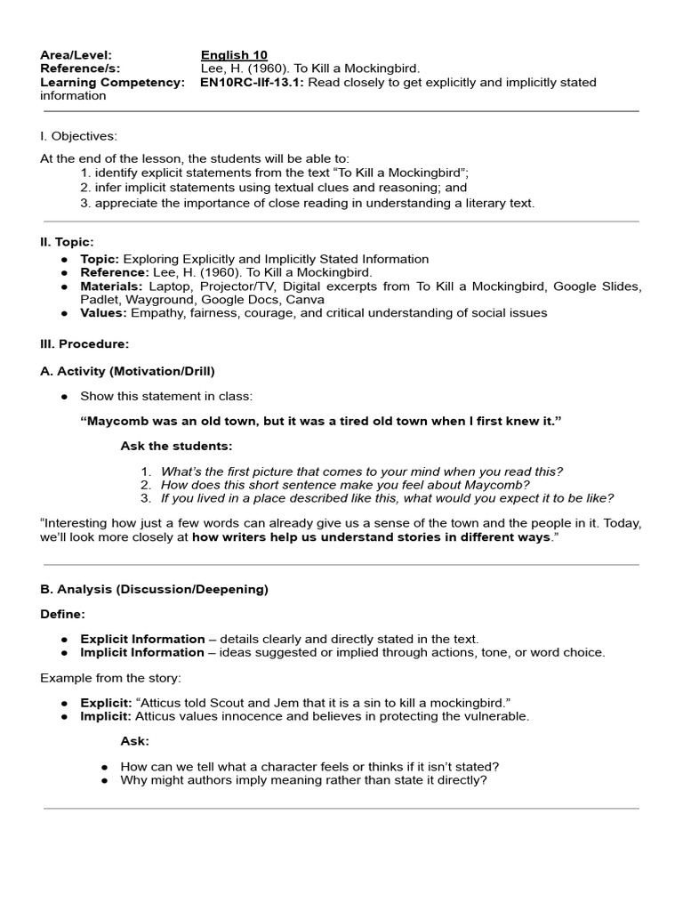 Analyzing Text in To Kill a Mockingbird | PDF | To Kill A Mockingbird ...