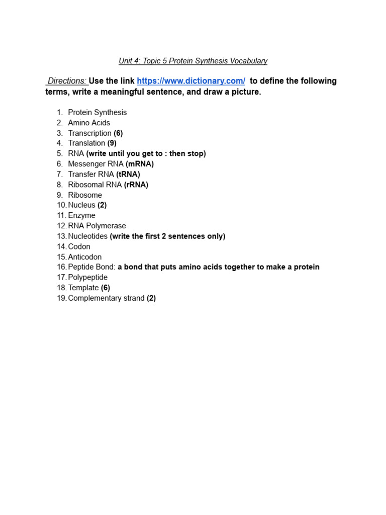 Unit 4_ Topic 5 Protein Synthesis Vocabulary | PDF | Translation ...