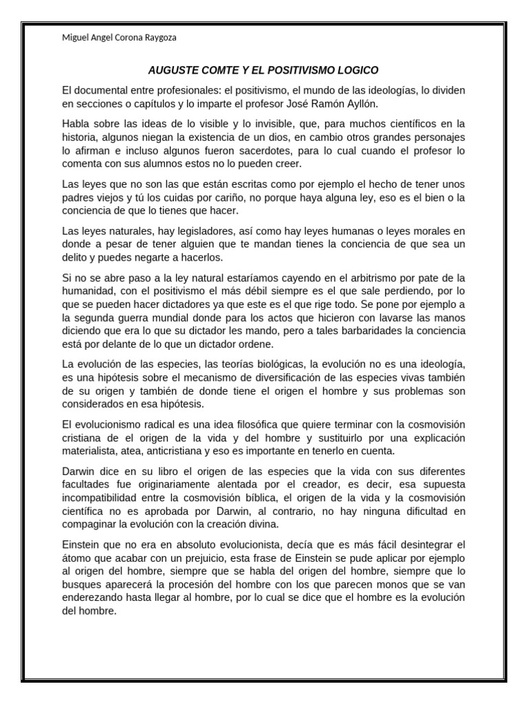 Auguste Comte y El Positivismo Logico | PDF | Evolución | Positivismo