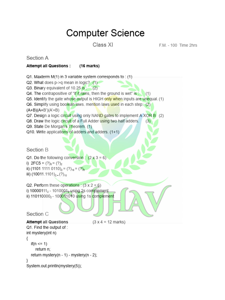 Computer Science Class XI | PDF | Method (Computer Programming) | Logic ...