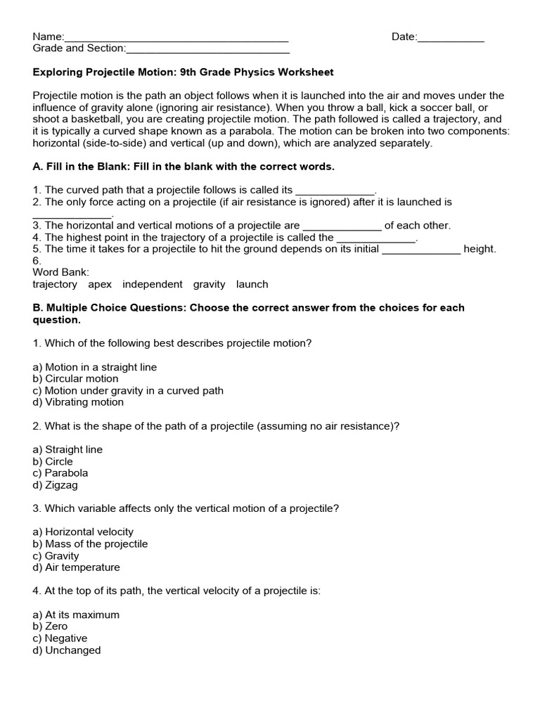 Science 9 Worksheet 1 | PDF | Projectiles | Applied And ...