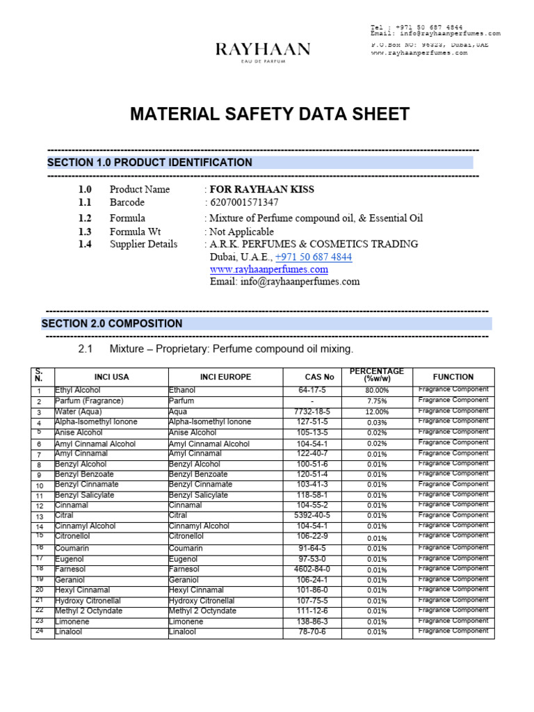 Rayhaan Kiss - Safety Data Sheet (SDS) | PDF | Perfume | Dangerous Goods