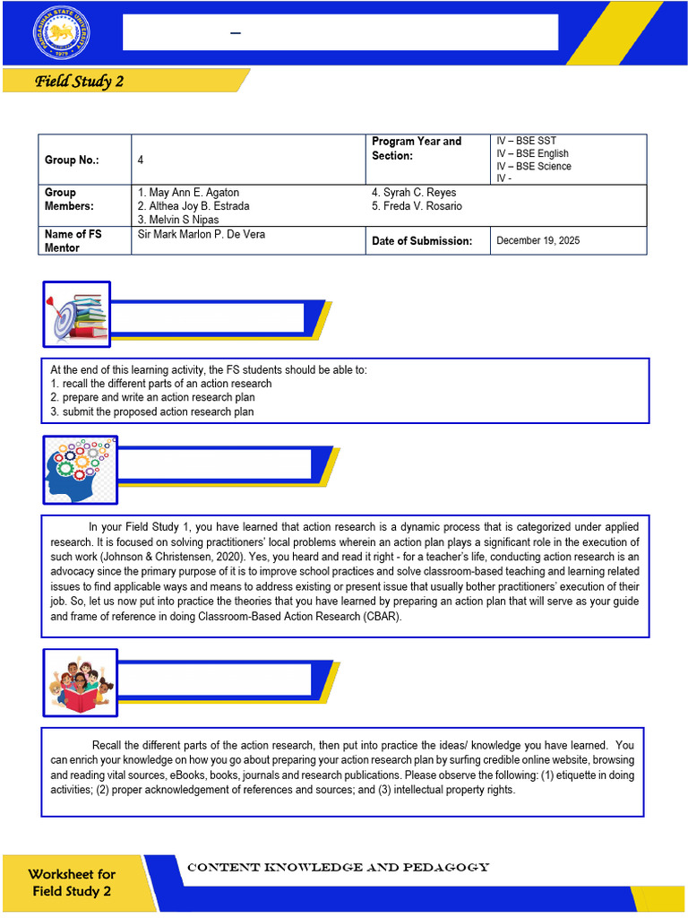 FS2 Worksheet 1 Writing in Action Research Plan | PDF | Learning | Teachers