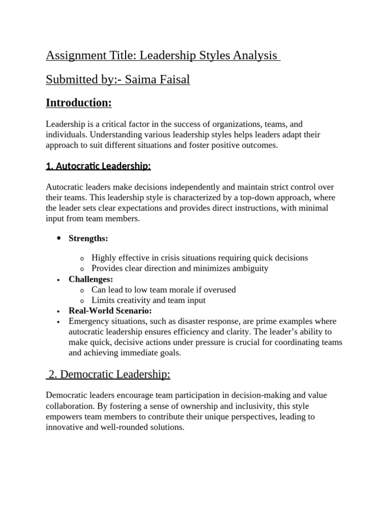 Assignment Leadership Styles Analysis-1 (1) | PDF | Leadership ...