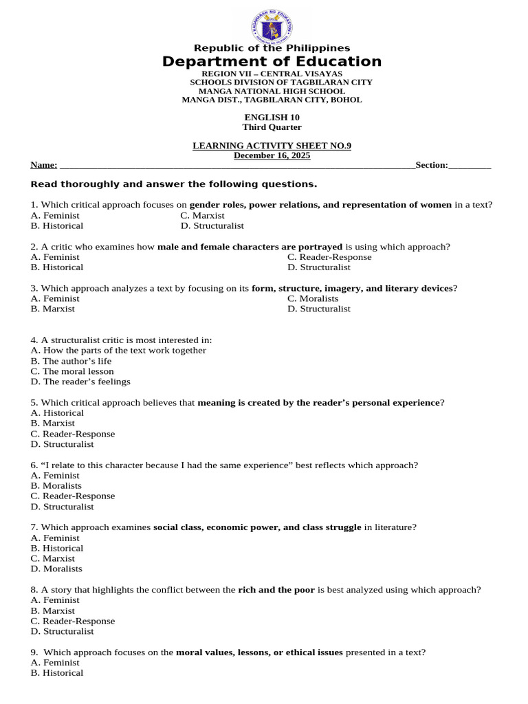 English 10 Critical Approaches Quiz | PDF | Feminism | Gender Studies