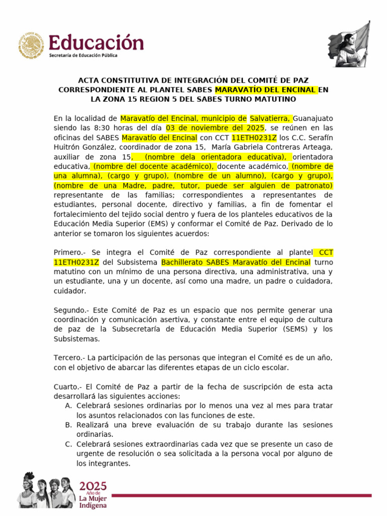 Acta Constitutiva Comités de Paz_FORMATO ZONA 15 | PDF