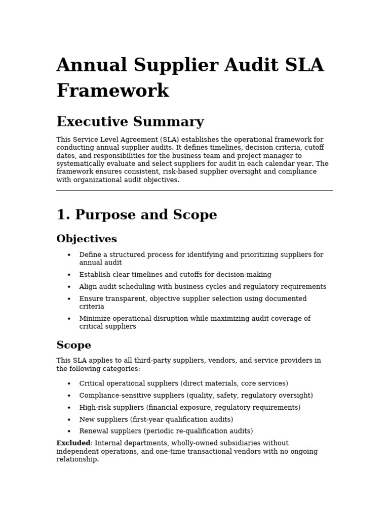 Annual Supplier Audit SLA Framework | PDF | Audit | Supply Chain
