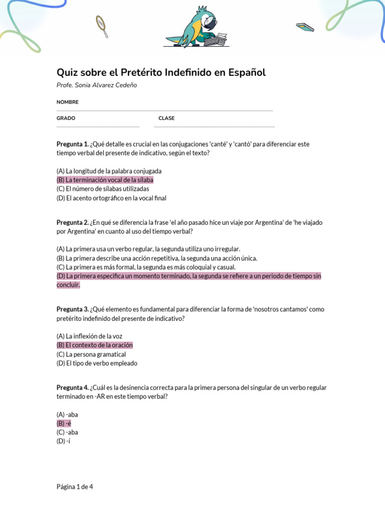 Copia de Quiz Sobre El Pretrito Indefinido en Espaol (1) 2 | PDF ...