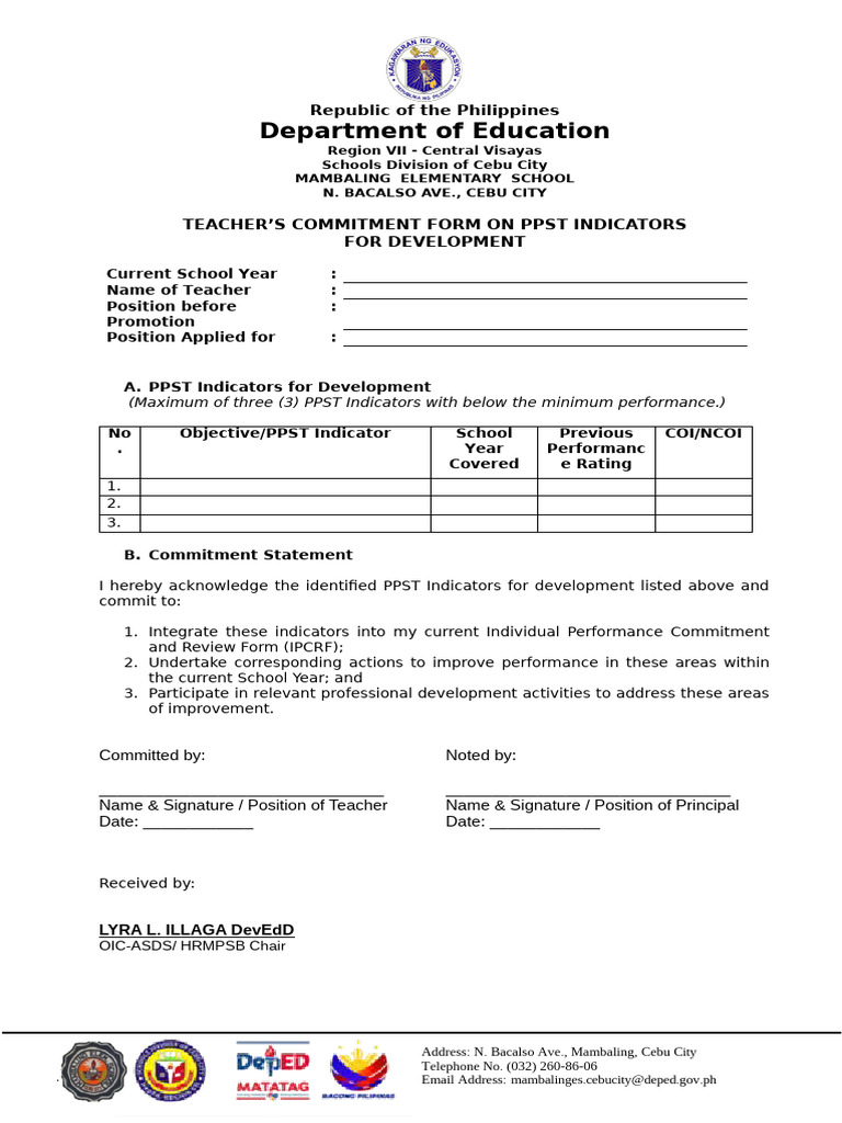 Mambaling Elementary School Teacher Commitment Form | PDF