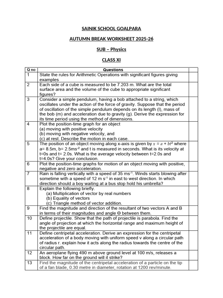 Physics Worksheet for Class XI 2025-26 | PDF | Rotation Around A Fixed ...